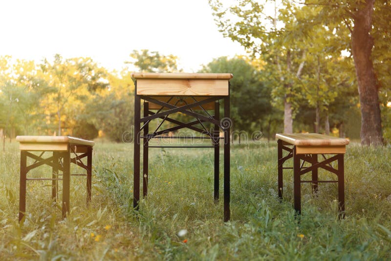 Wooden Picnic Table and Benches on Sunny Day Stock Image - Image of ...