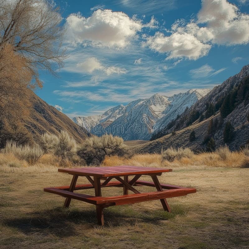 Wooden Picnic Table on the Meadow with Mountains in the Background ...
