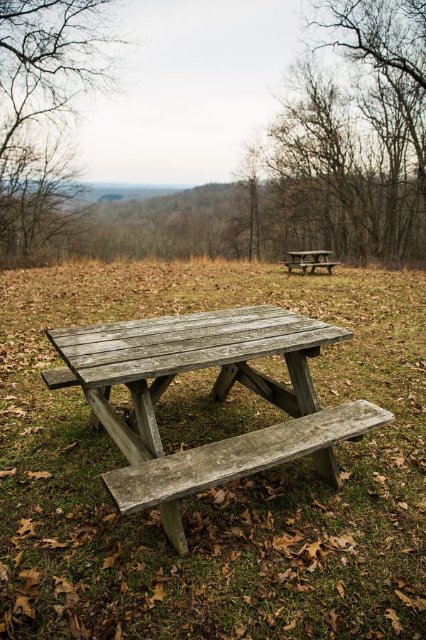 Wooden Picnic Table in Park with Rolling Hills on a Grey Winter Stock ...