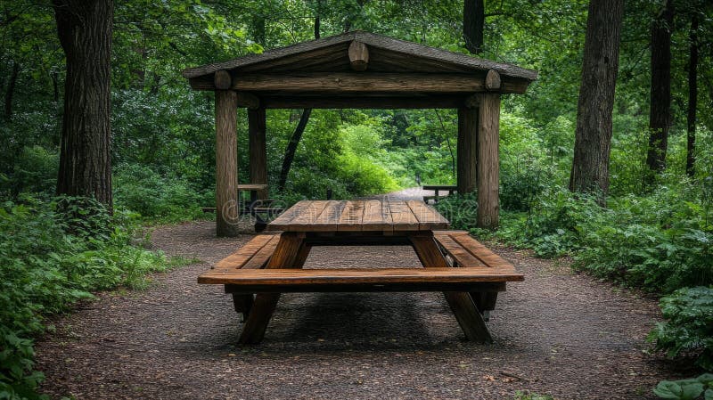Wooden Picnic Table Surrounded by Lush Greenery in a Tranquil Park ...