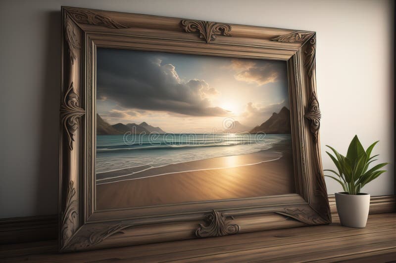 Wooden Picture Frame on the Table. Ai Generative Stock Illustration ...