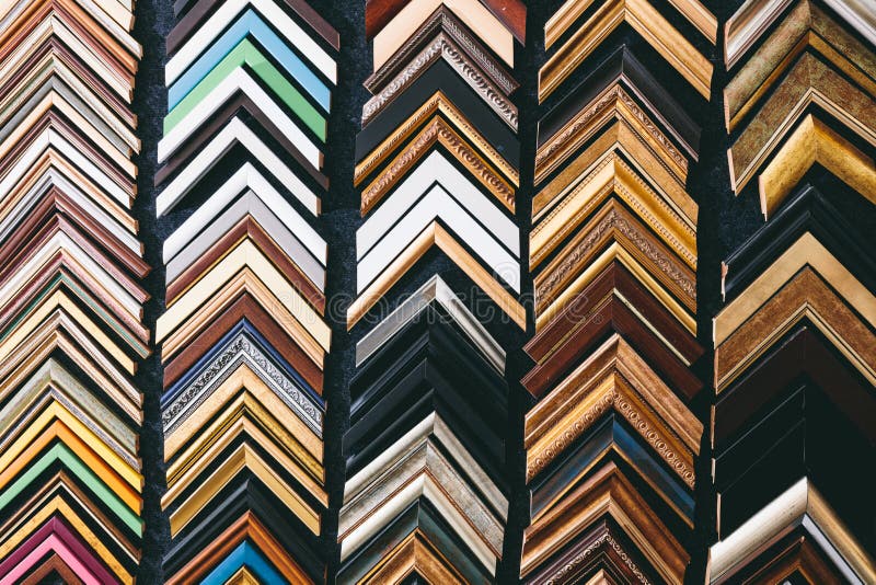 Wooden Picture Frames on Wall in a Store, Background Stock Image ...