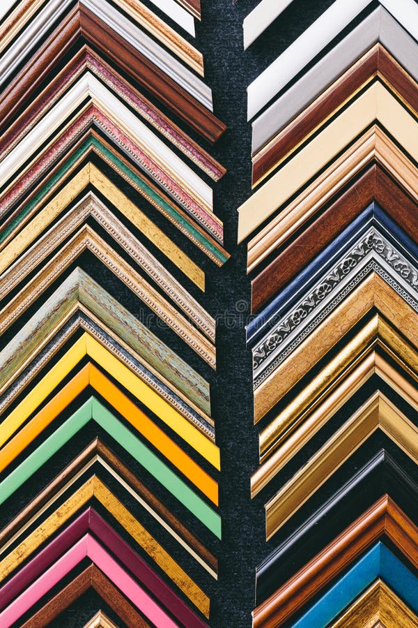 Wooden Picture Frames on Wall in a Store, Background Stock Image ...