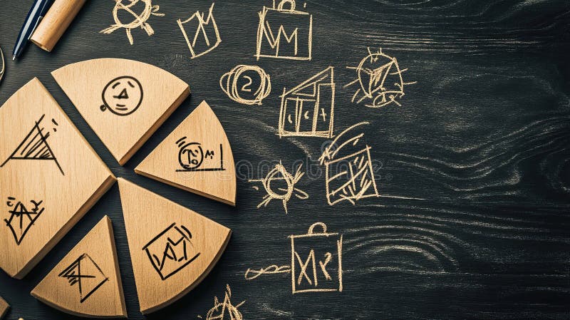 Wooden Pie Chart Strategy Planning on Dark Wood Desk Stock Image ...