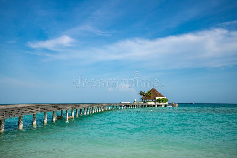 Wooden Pier with Blue Sea and Sky Background Stock Image - Image of ...