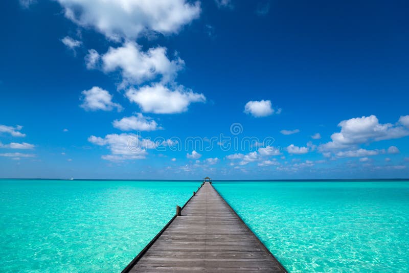 Wooden Pier with Blue Sea and Sky Background Stock Image - Image of ...