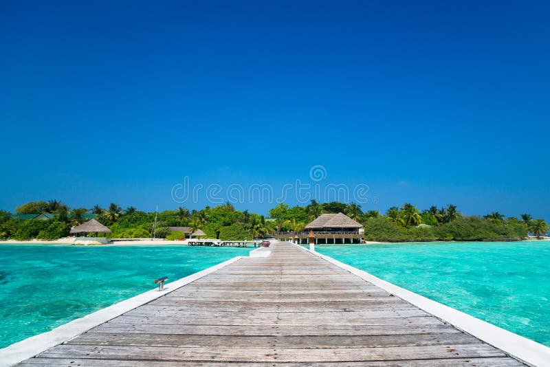 Wooden Pier with Blue Sea and Sky Background Stock Image - Image of ...