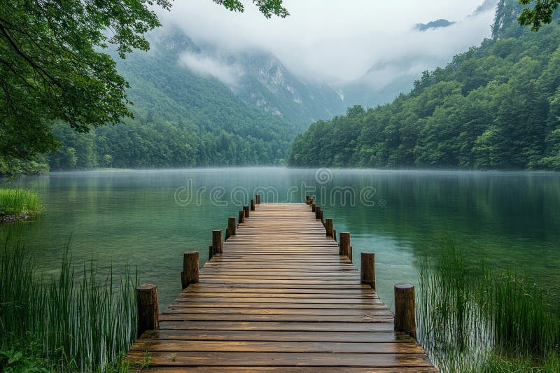 A Wooden Pier Extending into a Lake, Rustic and Serene, Natural Setting ...