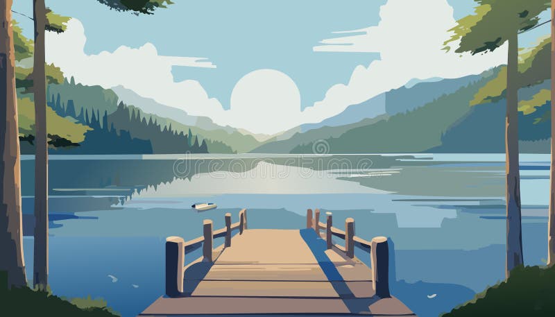 Wooden Pier on a Lake in the Forest. Vector Illustration Stock Vector ...