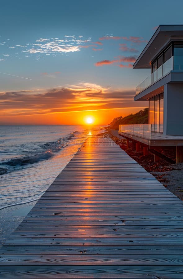 Wooden Pier and Modern House on the Beach at Sunset Stock Photo - Image ...