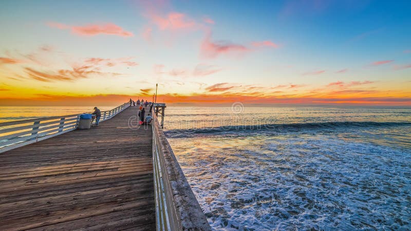 Wooden Pier in Pacific Beach at Sunset Stock Image - Image of scene ...