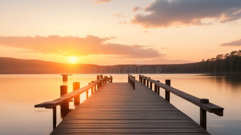 A Wooden Pier Stretching Out into a Lake, Lit Up by the Setting Sun ...