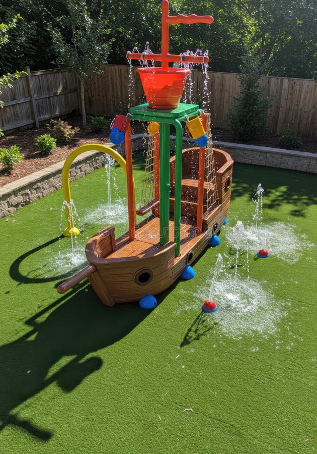 Wooden Pirate Ship Water Play Set on Artificial Grass Stock ...