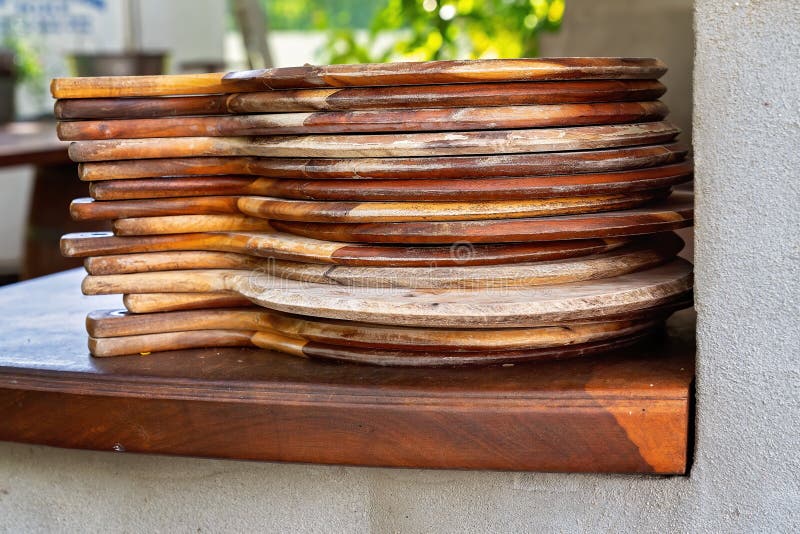Wooden Pizza Board Stack stock photo. Image of shelf - 196561470