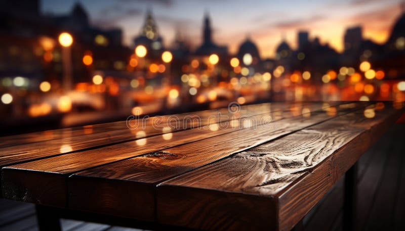 Wooden Plank Backdrop Illuminates City Skyline in Dark Night Generated ...