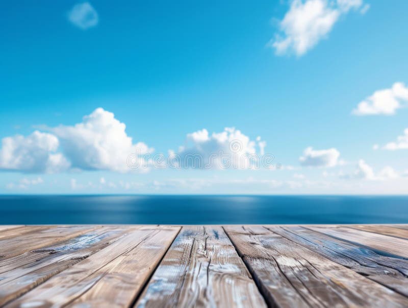 Wooden Plank Deck Overlooking a Blue Ocean and Sky Stock Illustration ...