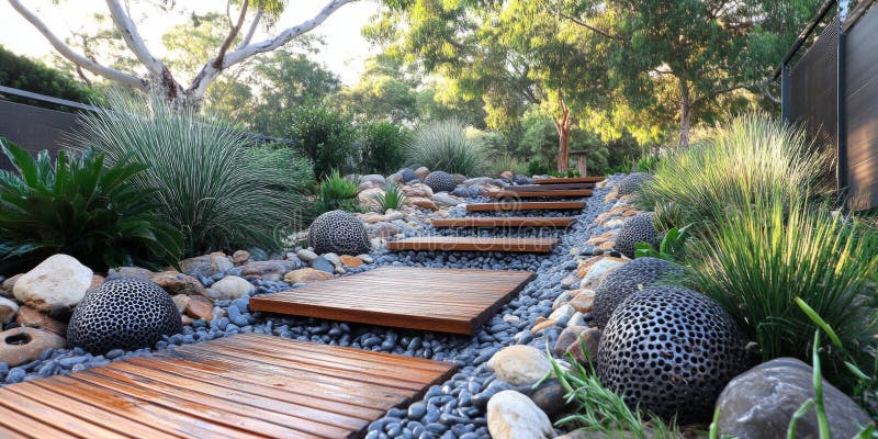 A Wooden Plank Pathway Surrounded by Smooth River Stones and Lush ...