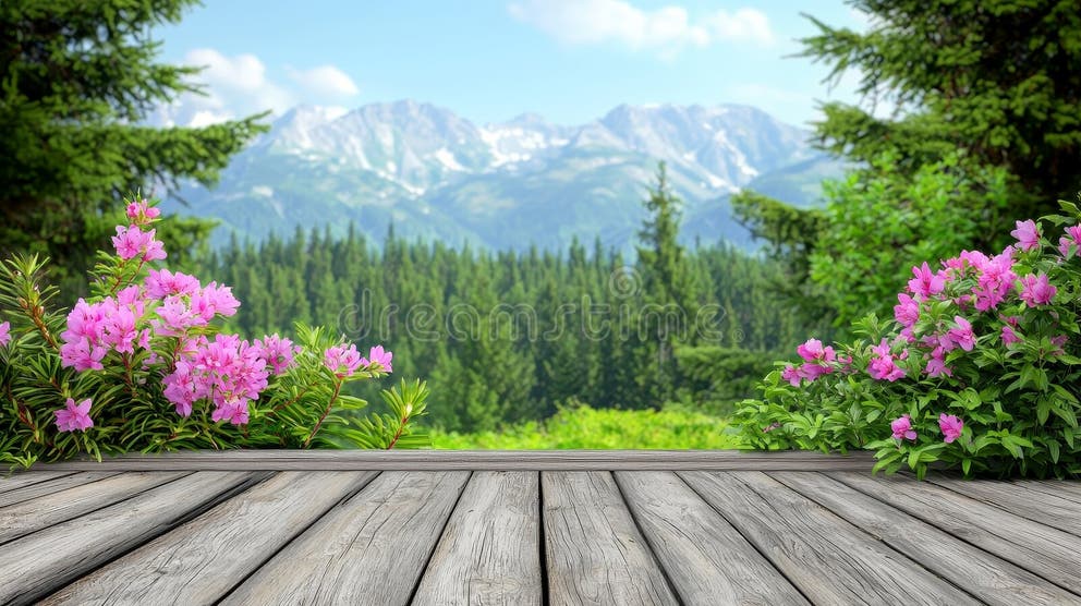 A Wooden Plank Tabletop Set Against a Backdrop of a Forest and ...