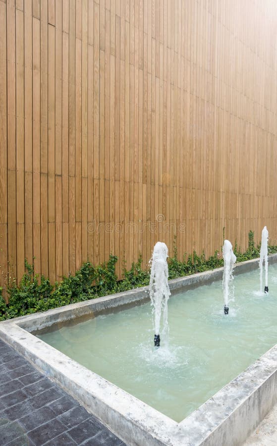 Wooden Plank in Vertical Pattern with Green Tree and Fountain Stock ...