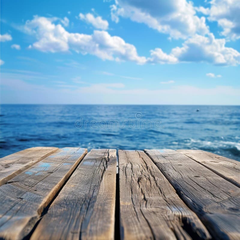 Wooden Planks Overlooking a Blue Ocean with Clouds in the Sky Stock ...