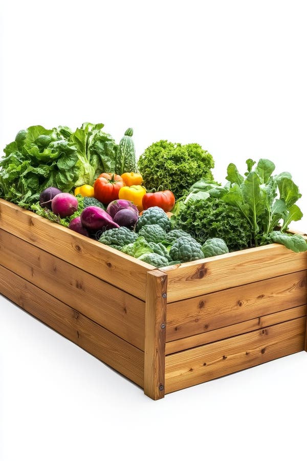 A Wooden Planter Box Containing Lettuce, Tomatoes, and Herbs. Stock ...