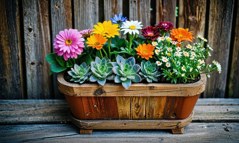 A Wooden Planter Filled with Vibrant Flowers Stock Photo - Image of ...