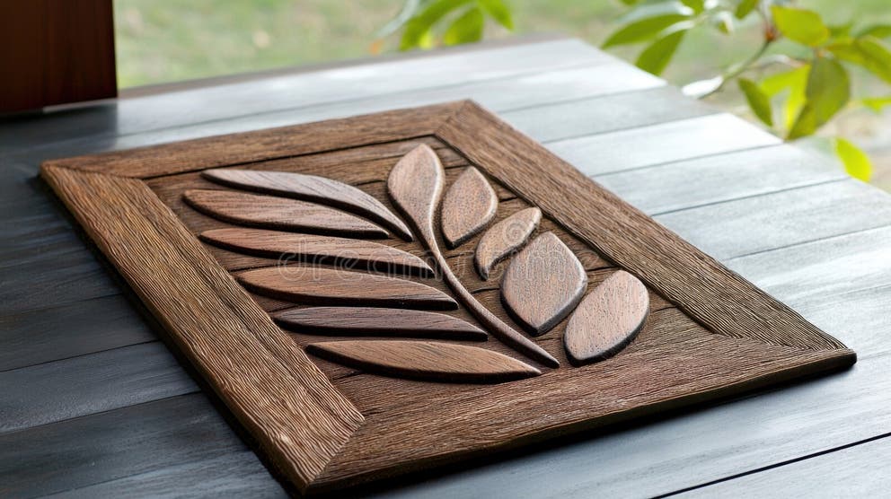A Wooden Plaque with a Leaf Design. Stock Photo - Image of detail, leaf ...