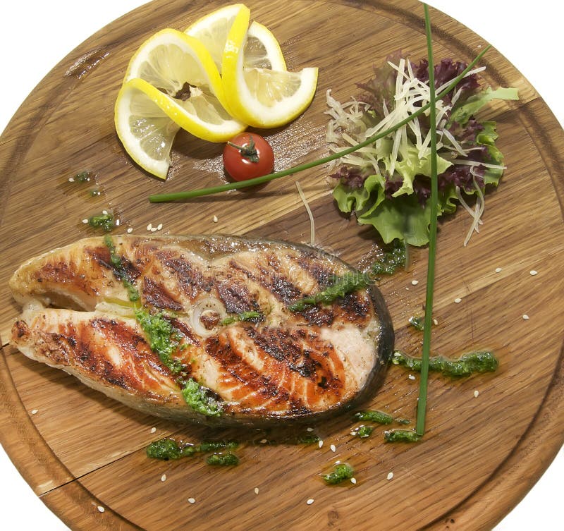 Wooden Plate with a Piece of Fish Stock Image - Image of barbecue ...