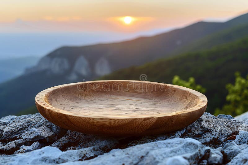 A Wooden Plate Sitting on the Edge of a Rocks, High Quality, High ...