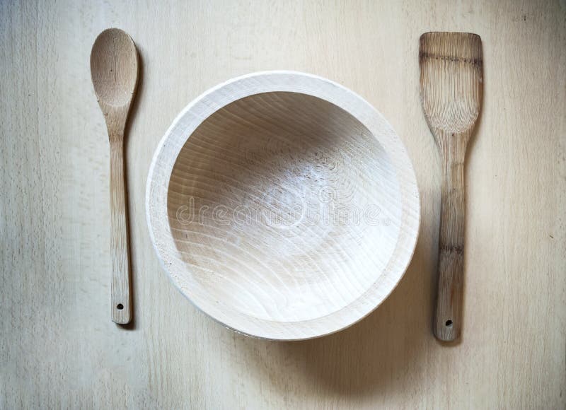 Wooden Plate and Spoon on Table Background Stock Image - Image of ...