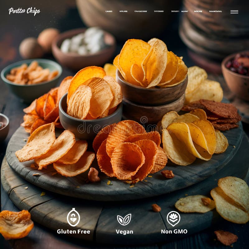 A Wooden Plate Topped with Different Types of Chips, Stock Illustration ...