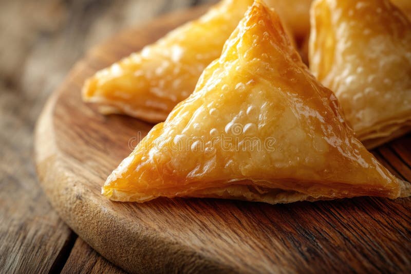 A Wooden Plate Topped with Three Triangular Pastries, Perfect for ...