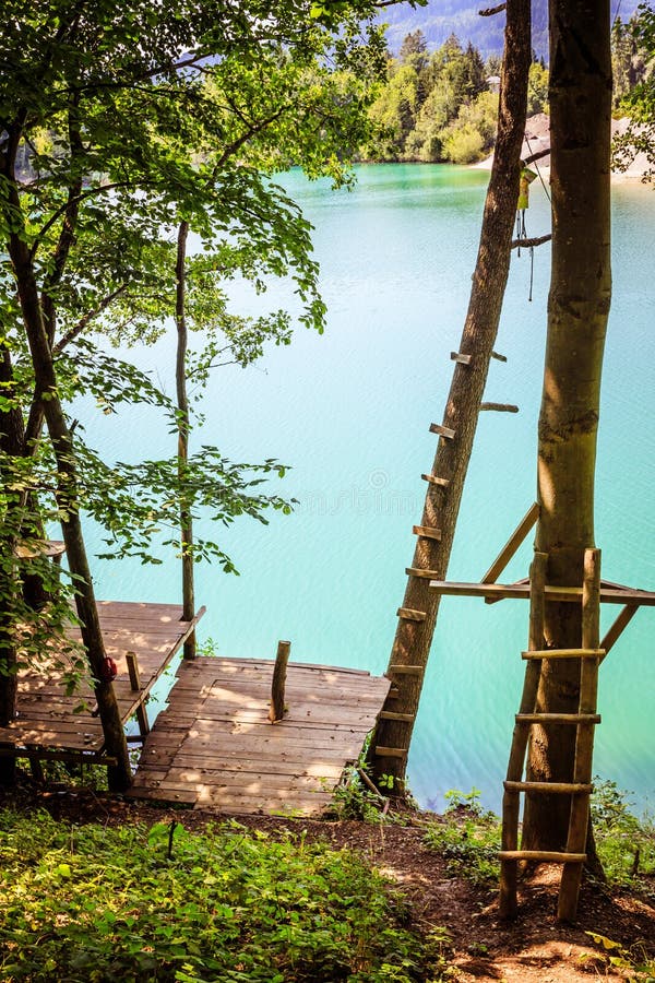 Wooden Platform and a Beautiful Blue Lake, Playground Stock Image ...