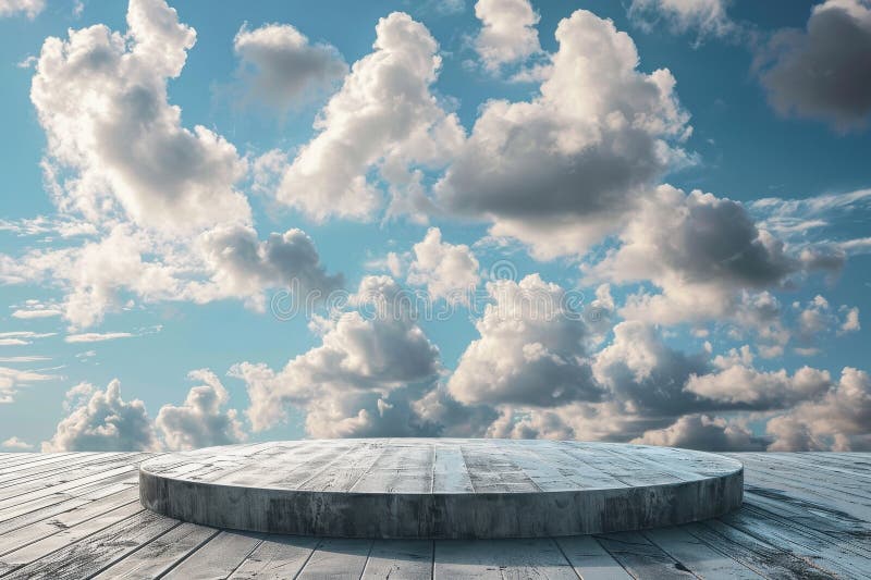 A Wooden Platform with a Cloudy Sky in the Background Stock Photo ...