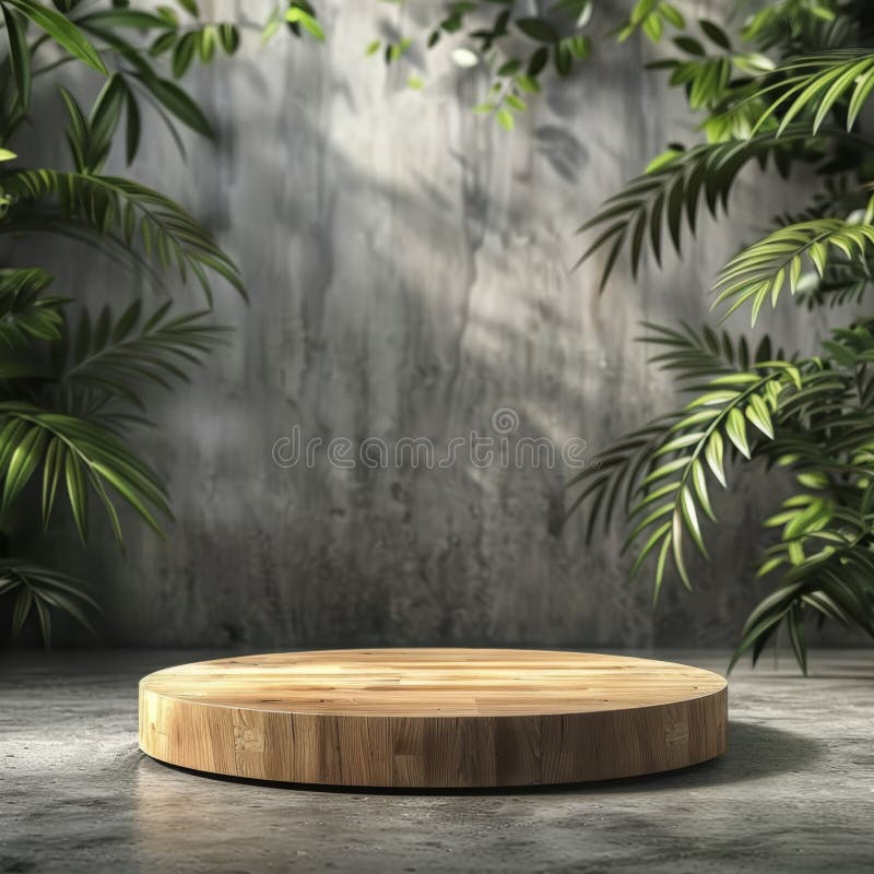 Wooden Platform Display with Greenery and Concrete Background Stock ...