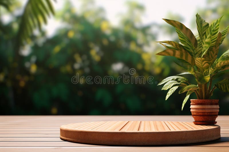 A Wooden Platform Featuring a Plant in the Background, Blending Nature ...
