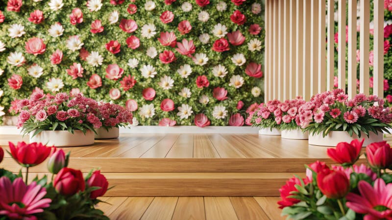 Wooden Platform with Flowers for Product Display Stock Illustration ...