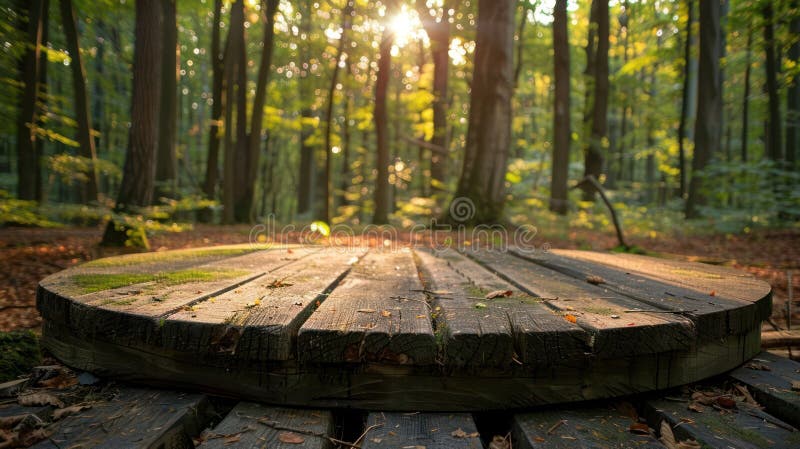 Wooden Platform in a Forest with Sunlight Shining through the Trees ...
