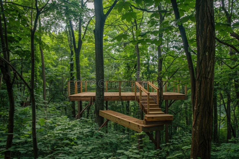 Wooden Platform in Forest with Wildlife and Tall Trees Stock ...