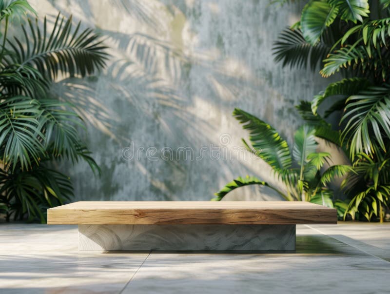 Wooden Platform in Front of a Green Wall with Palm Trees Stock ...