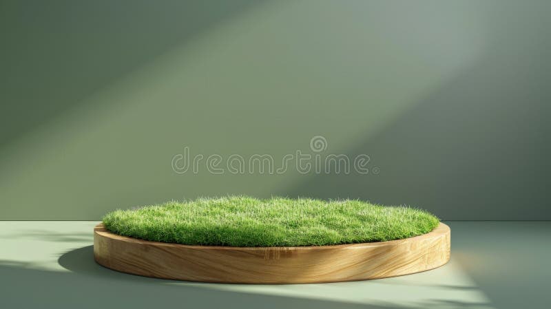 Wooden Platform with Grass Top Against Green Background Stock ...