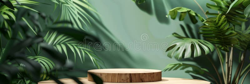A Wooden Platform with a Green Background and Leaves Stock Photo ...