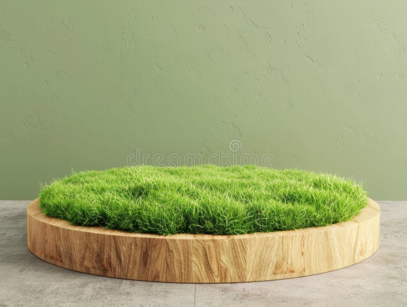 Wooden Platform with Green Grass Against a Green Wall Stock ...
