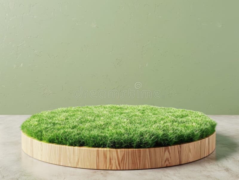 Wooden Platform with Green Grass on a Green Background Stock ...