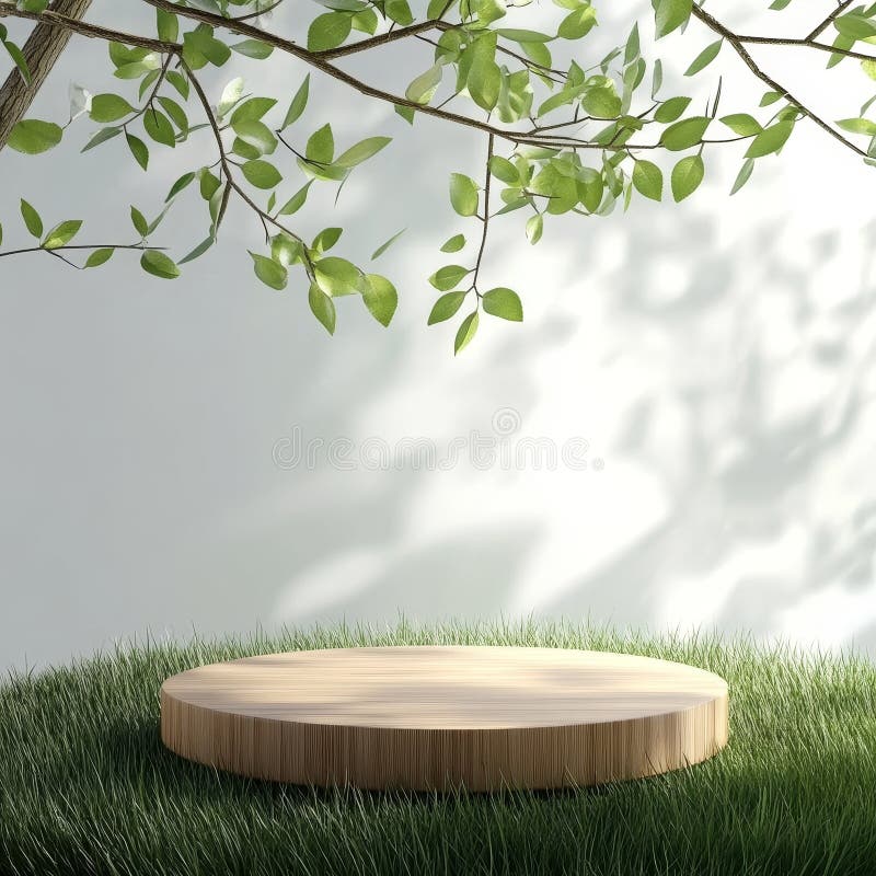Wooden Platform on Green Grass with Leaves. 3d Render Stock ...