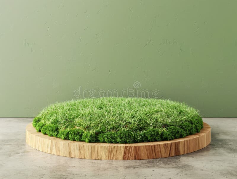 Wooden Platform with Green Grass and a Green Wall in the Background ...