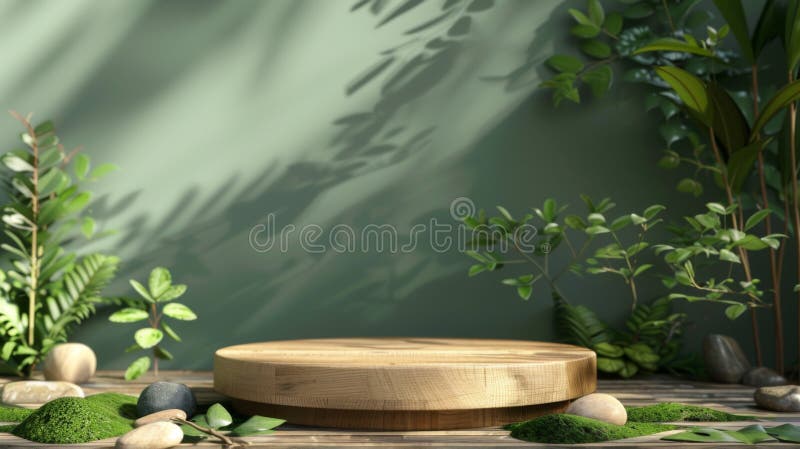 Wooden Platform with Green Plants and Stones on a Green Background ...