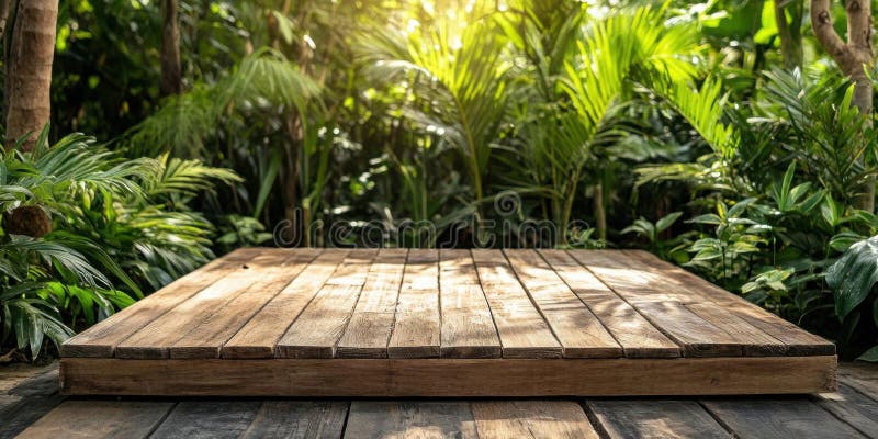 Wooden Platform in Lush Greenery with Tropical Vibes. a Natural Display ...