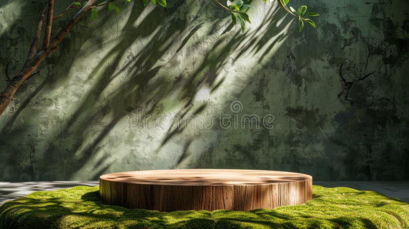 Wooden Platform on Moss with Green Wall and Tree Branch Stock ...