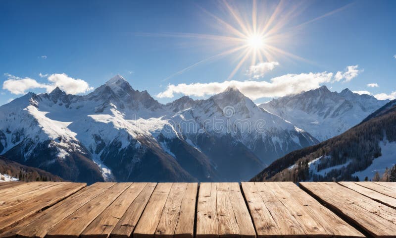 Wooden Platform Overlooking Snow-capped Mountain Range Under Bright Sun ...